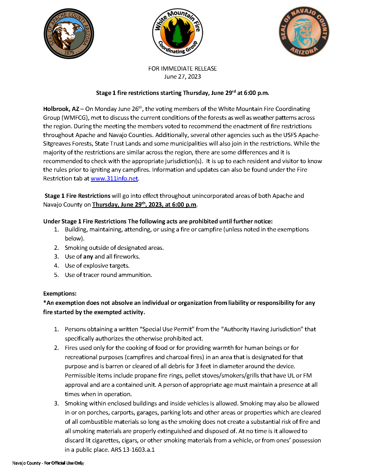 Stage 1 Fire Restrictions Starting Thursday, June 29th at 6:00 p.m.